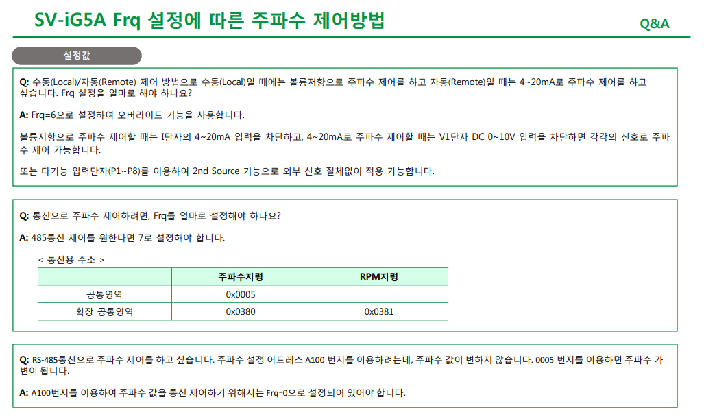 Solution Square : iG5A Frq 설정에 따른 주파수 제어방법